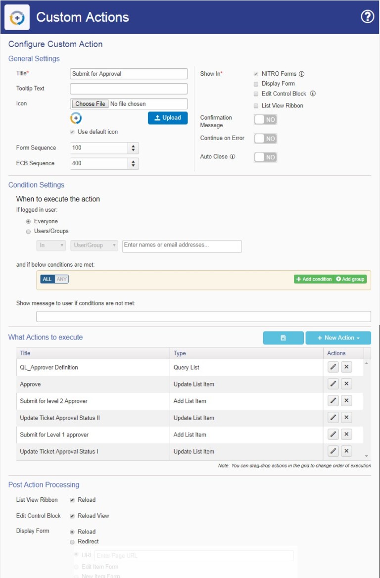 NITRO Custom Action configurations for two level approval process ...