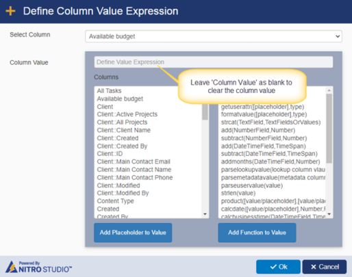 Clear a list column value in NITRO Forms and Workflows - Crow Canyon Software Support
