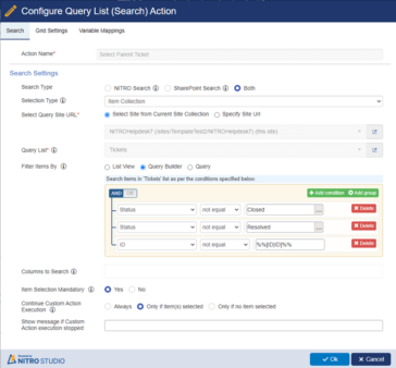Query List (Search) action configurations in NITRO Custom Actions - Crow Canyon Software Support