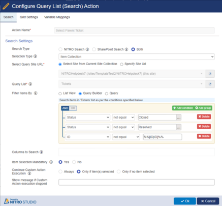 Query List (Search) action configurations in NITRO Custom Actions - Crow Canyon Software Support